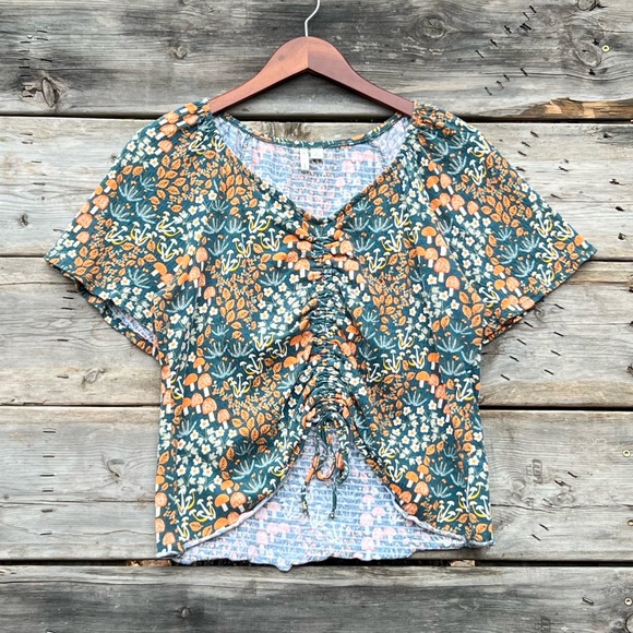 Cato | Tops | Cato Teal Mushroom Pattern Cinch Front Short Sleeve ...
